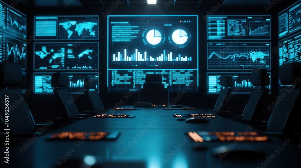 Illuminated control room with advanced data analytics displays and ...