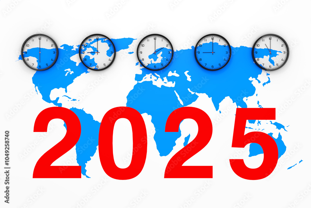 Set of Clocks with Different World Time, Blue World Map and New 2025 ...