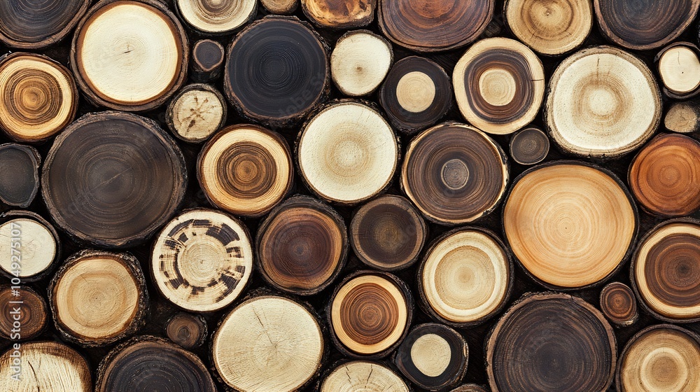Collection of wooden logs with varied bark textures and concentric ring ...