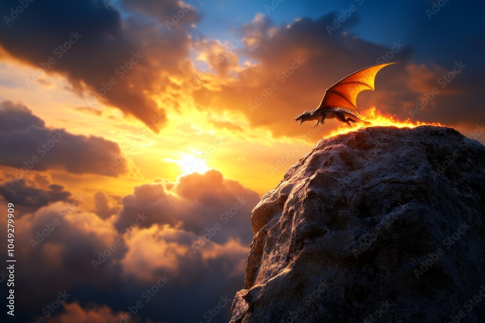 A dragon taking off from a mountain peak, wings spread wide as it soars ...