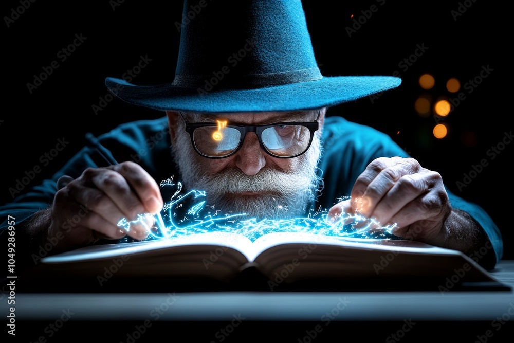 A wizard taking notes in a magical book during an ancient spellcasting ...