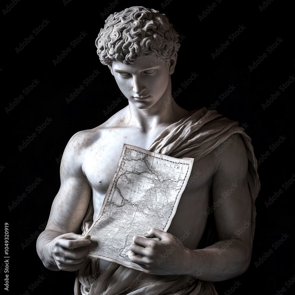 A classical marble statue of a young man holding a detailed map. The ...