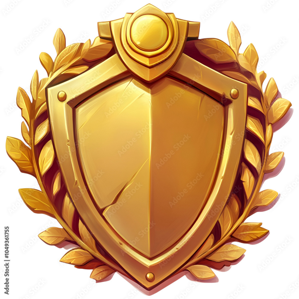 Shiny golden shield encircled by laurel leaves on transparent ...