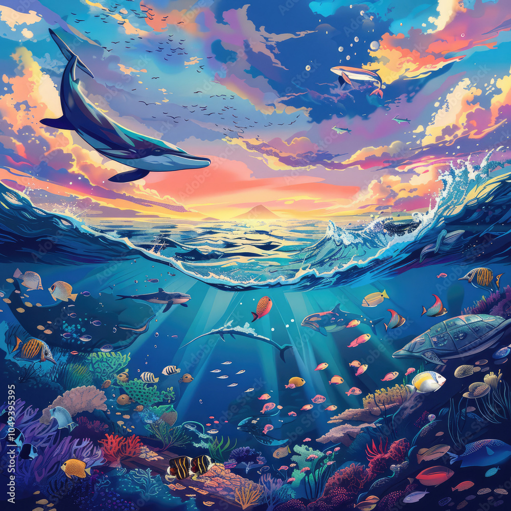 the animation cartoon painting of the world of the sea animal mammals ...