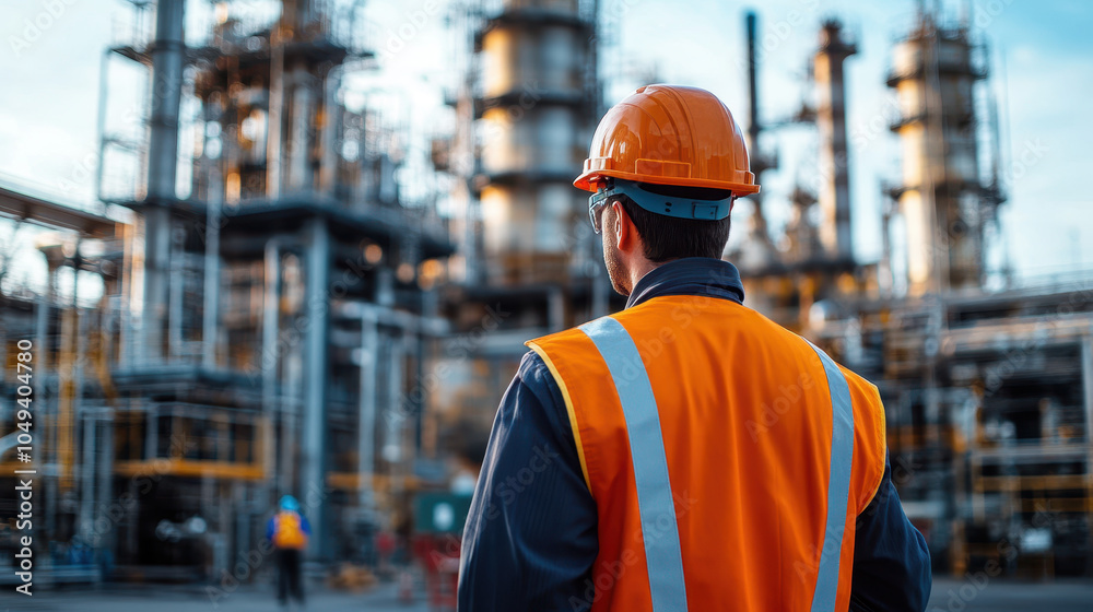 Safety officer observing chemical plant during safety walkthrough ...