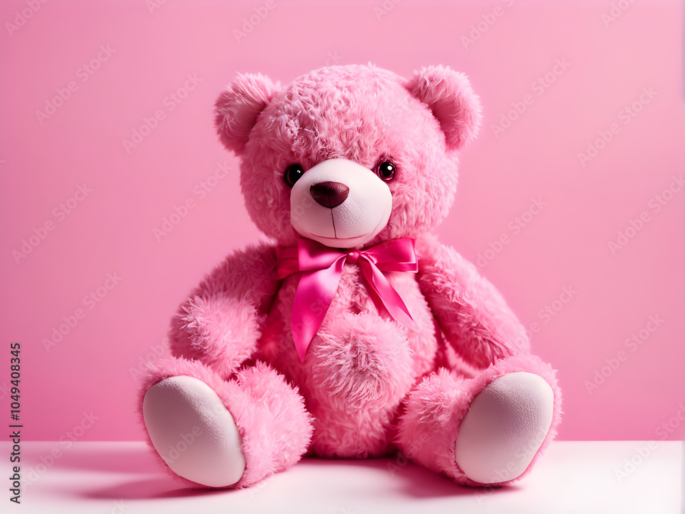 Cute smiling pink teddy bear doll in pink room. Background with shadow ...