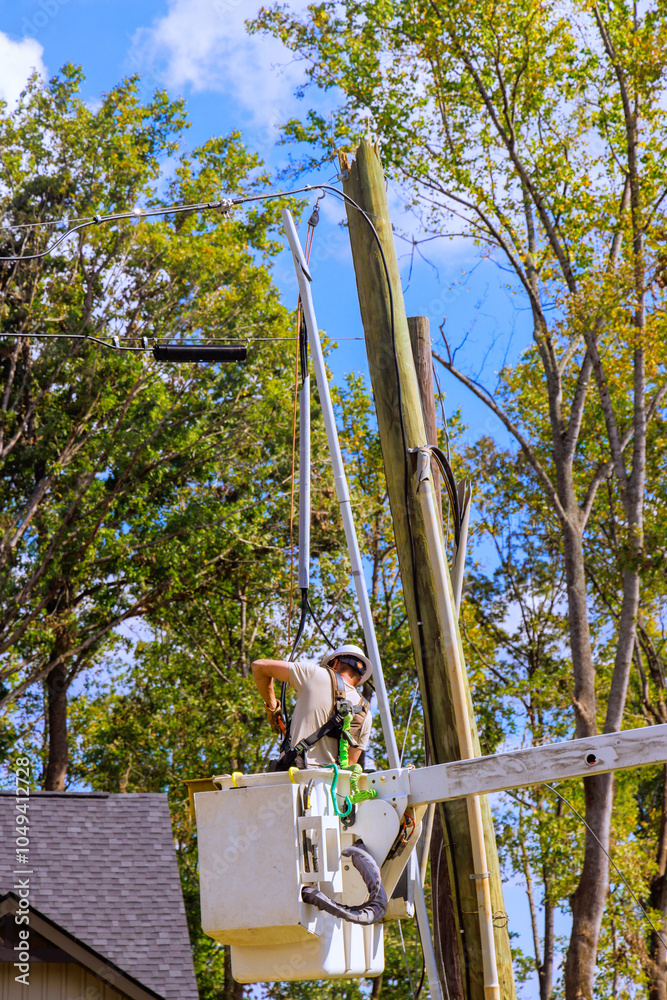 Lineman operates from raised lift to inspect maintain power transformer ...