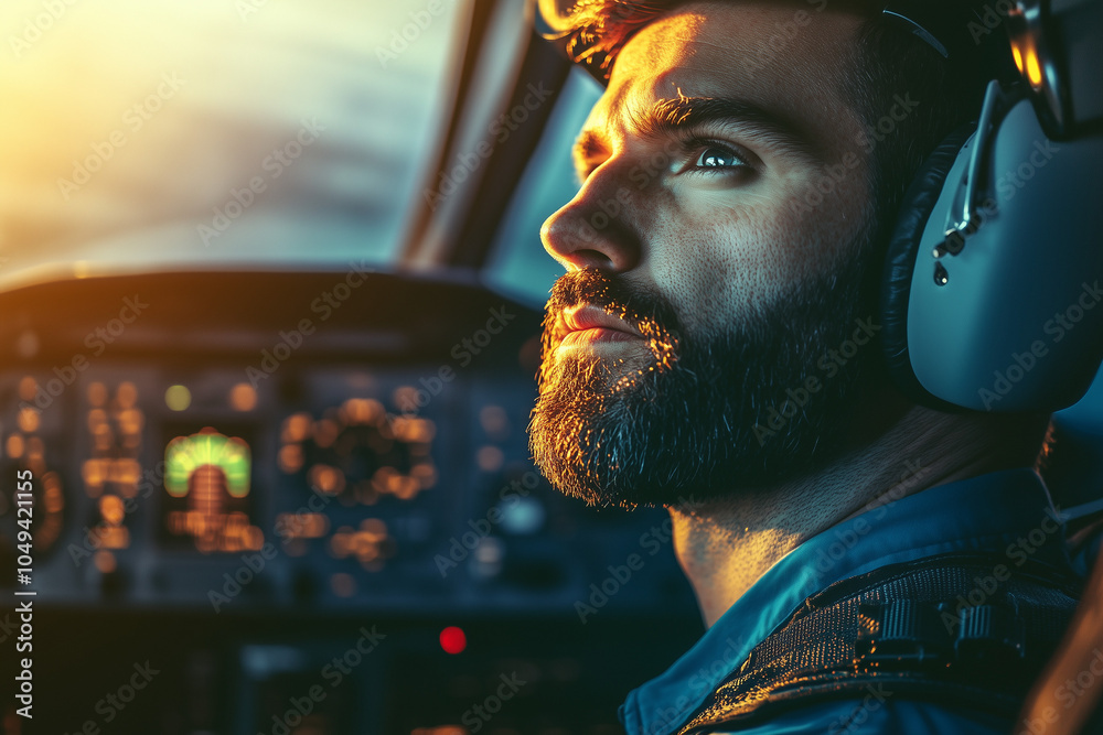 Selective focus pilot in captain room on plane, Portrait of smart man ...