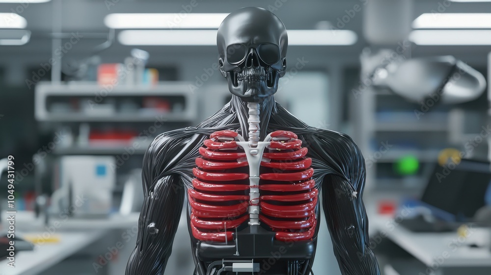 A detailed anatomical model of a human skeleton with visible ribcage ...