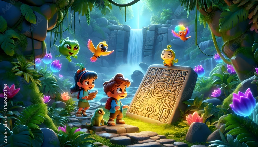 Стоковая иллюстрация «cartoon characters stumble upon a magical Inca ...