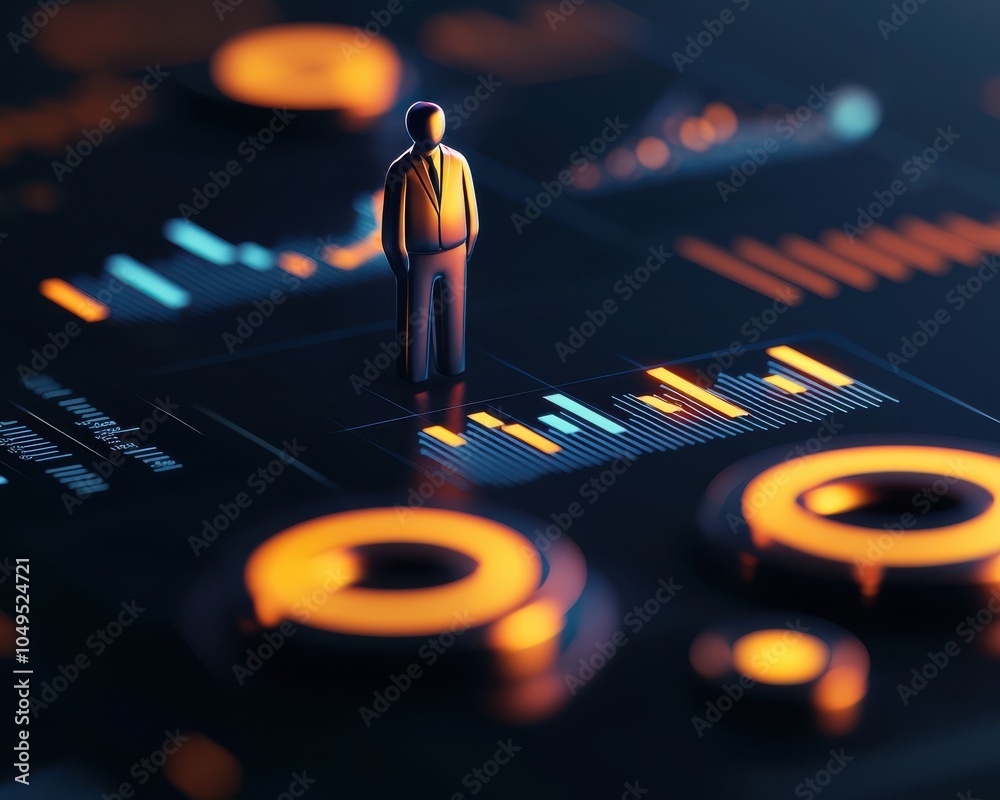 Miniature figure on a data dashboard with vibrant charts and graphs ...
