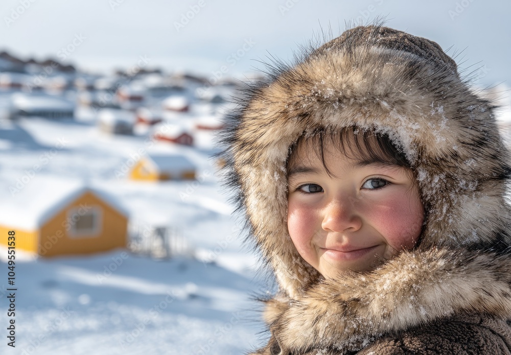 Inuit child in traditional attire, standing against the backdrop of an ...