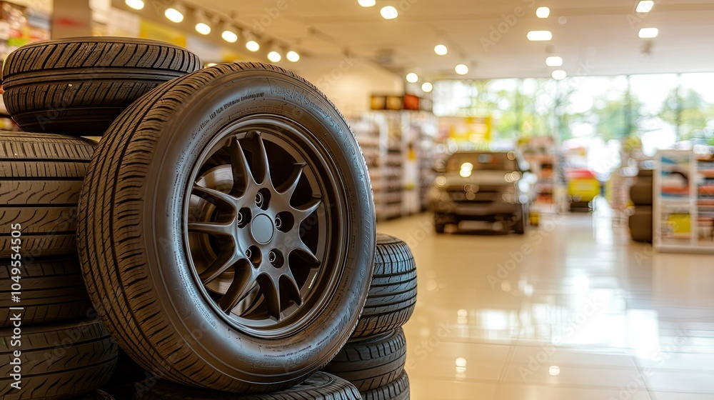 Rows of new car tires stacked in a modern store, showcasing different ...