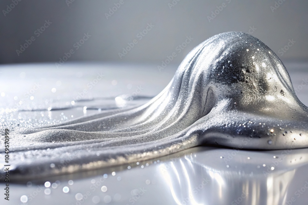 A glob of silver slime oozes slowly down a clean white surface ...