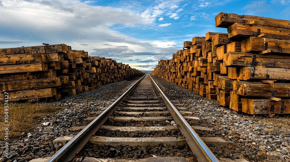 Massive piles of new wooden railway sleepers and metal rails stored in ...