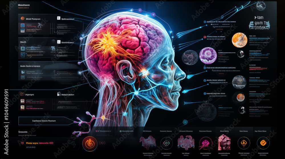 Detailed brain imaging on screen, highlighting areas commonly affected ...