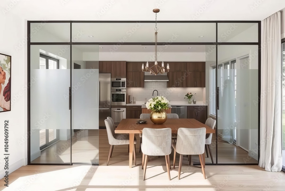 Glass Partition A frosted glass partition separating the kitchen Stock ...