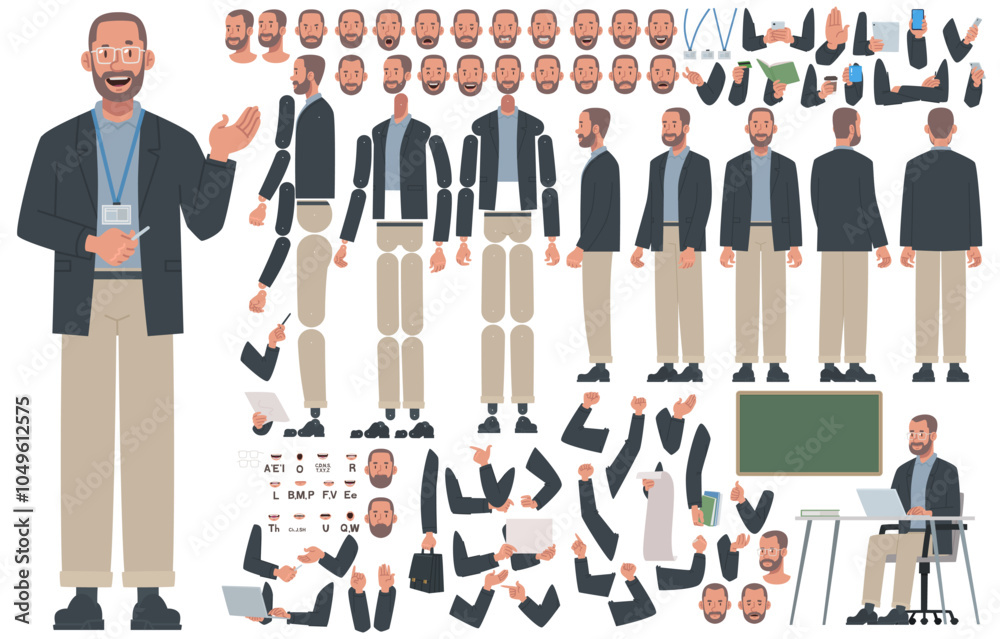 Teacher character constructor. Male scientist or speaker. Set of hands ...