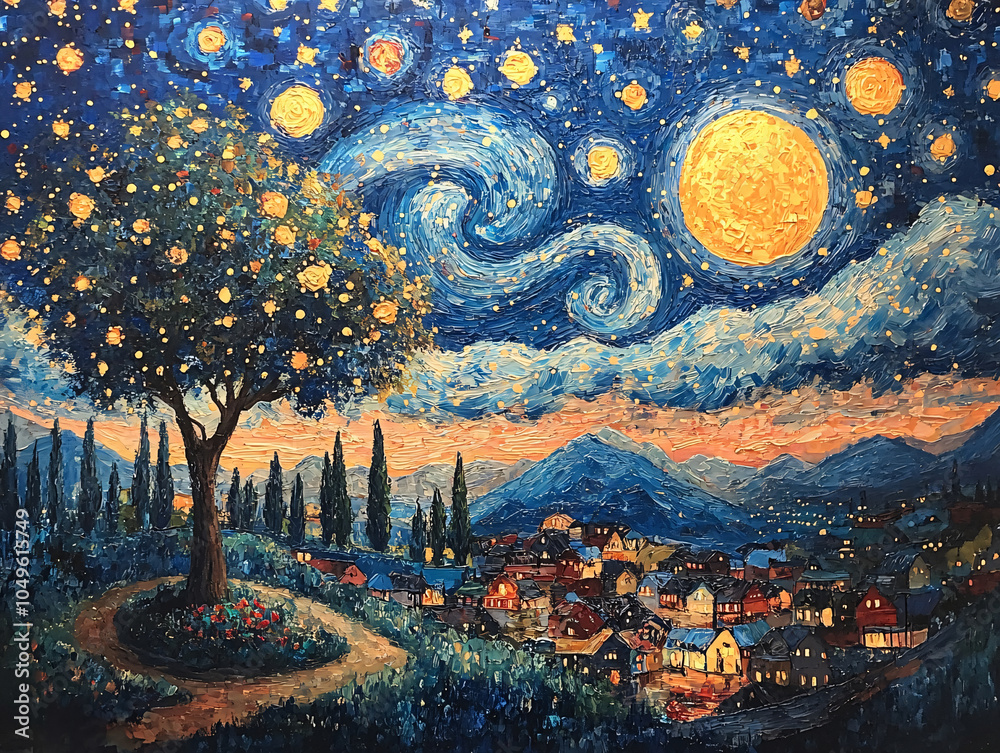 a vivid depiction of Van Goghs starry night, a night scene in a small ...