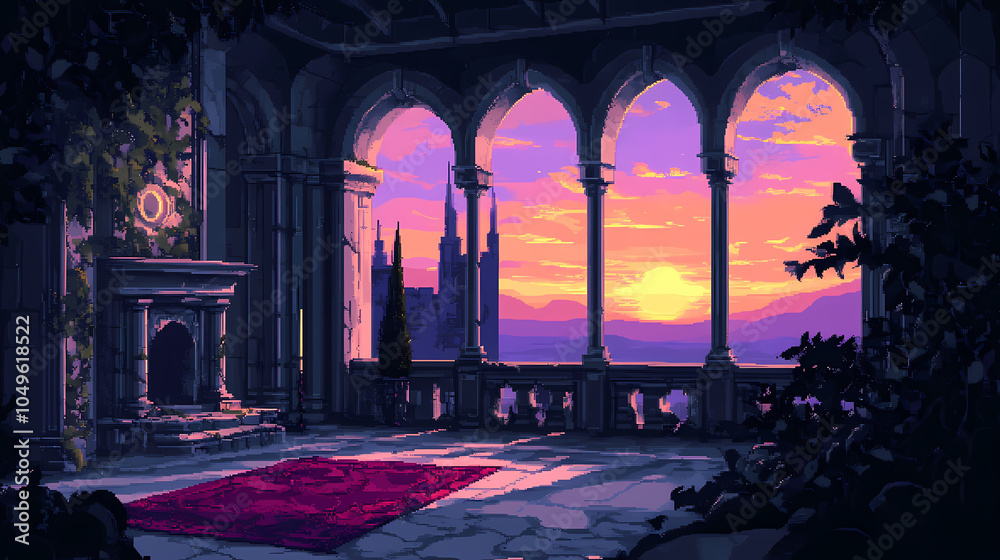 Stylized pixel art castle interior with sunset view, concept of fantasy ...