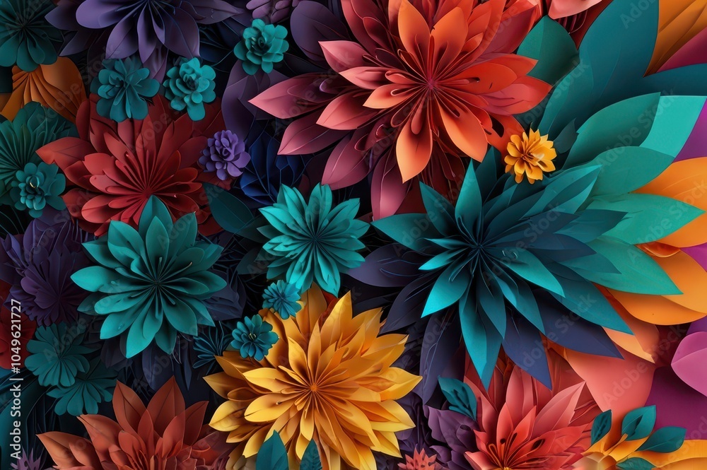 Vibrant blend of 2D floral patterns and 3D geometric shapes in rich ...