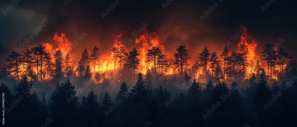 Raging Inferno in National Park, wildfire engulfing trees, flames ...