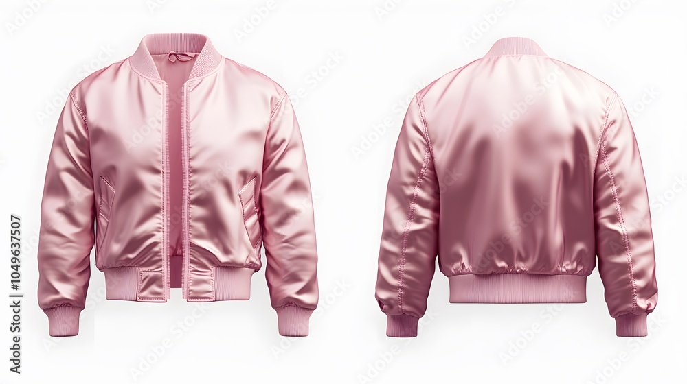 Sleek pink satin bomber jacket front and back view for fashion trends ...