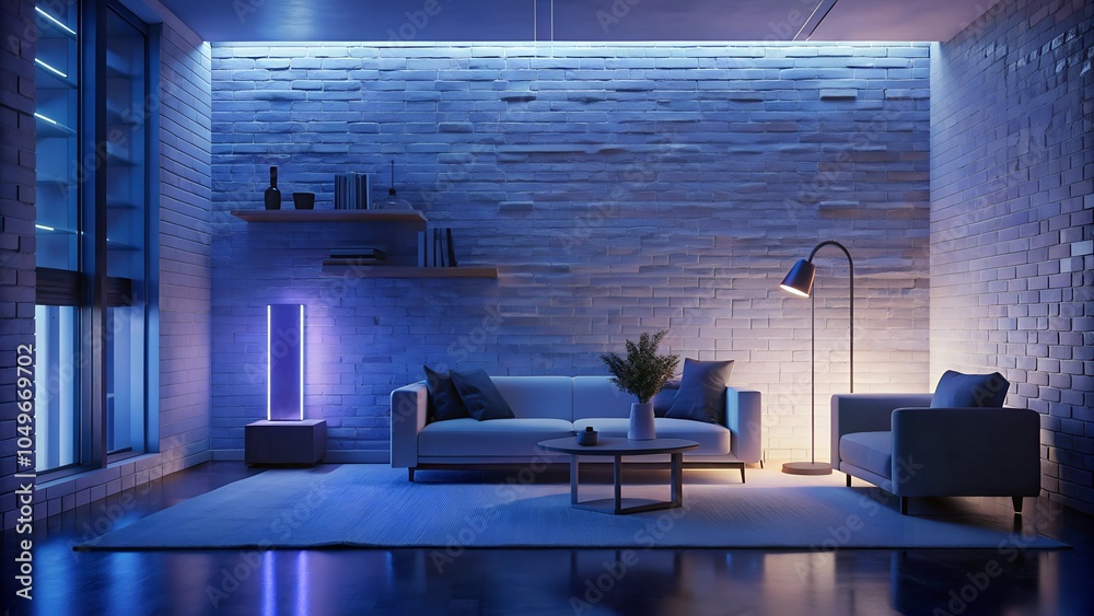 Minimalist interior design of modern living room with brick light ...