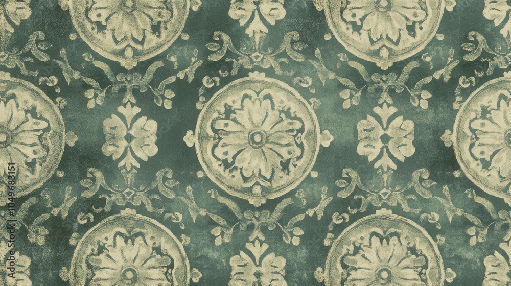 Muted green century-inspired wallpaper, repeating geometric and floral ...