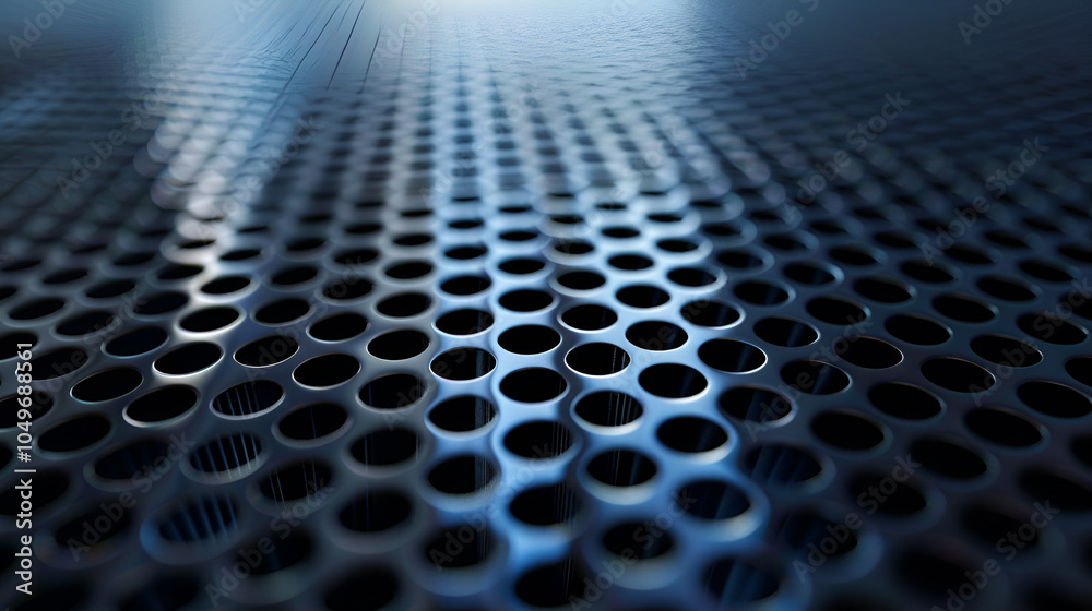 Deep blue metal surface with regular round holes,abstract metal grid ...