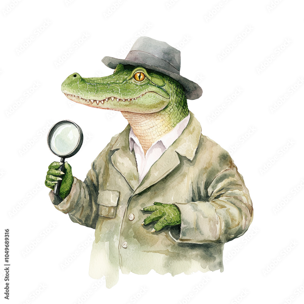 Crocodile Detective Uncovers Swamp Secrets, watercolor, clipart ...