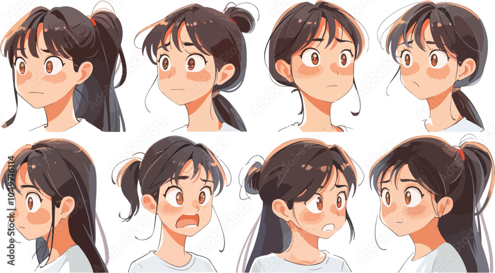 Anime girl character facial expression set manga style illustration ...