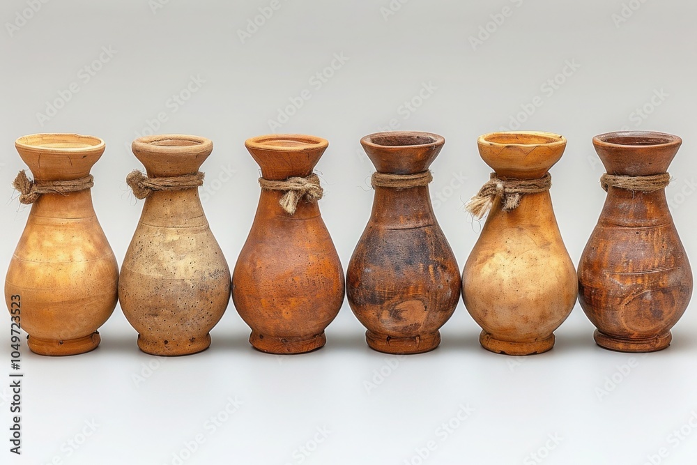 Seven rustic terracotta jars arranged in a line, each tied with a rough ...