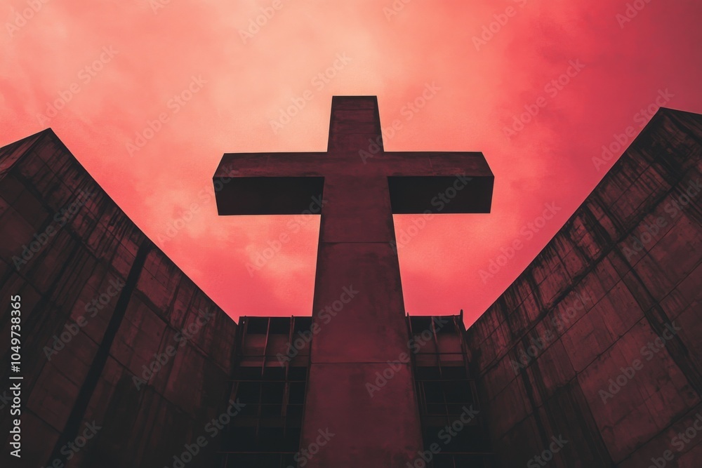 minimalist concrete cross with brutalist architecture on red sky ...