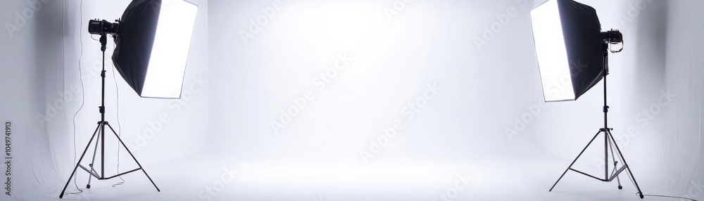Professional photography studio setup with bright lighting equipment on ...