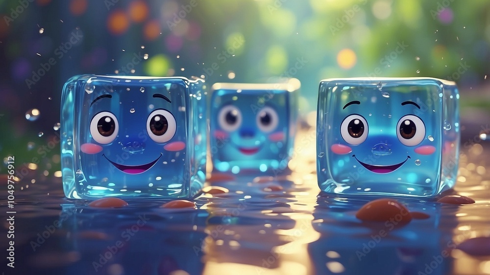 Five cute, cartoonish, glassy, transparent, translucent happy face ...