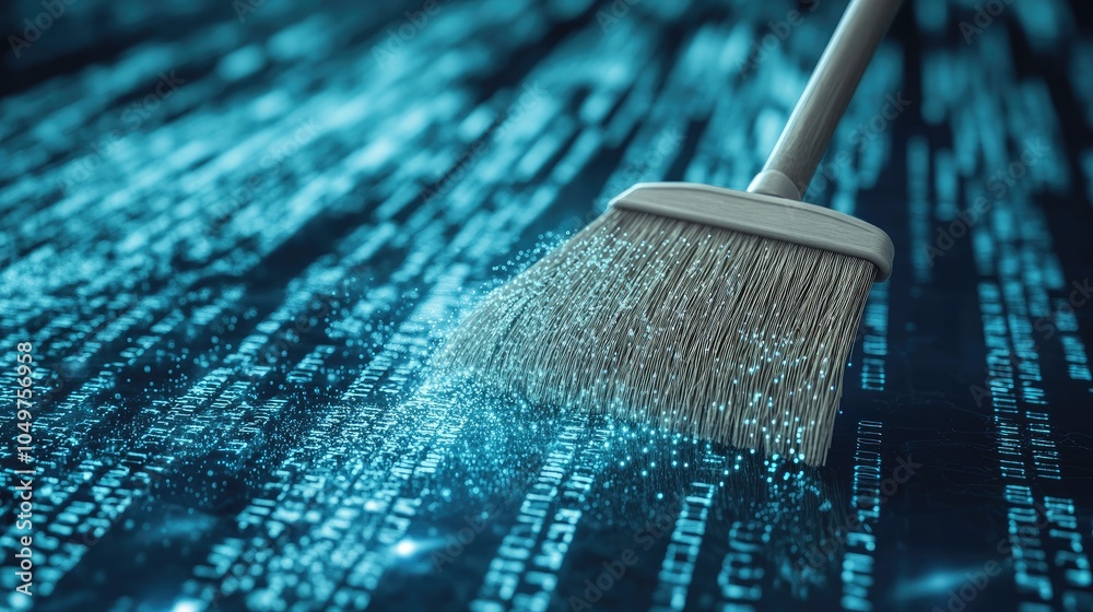 Binary code swept away by a digital broom, illustrating data cleansing ...