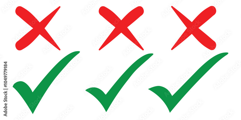 Hand drawn tick and x icons set. Stylish check mark icon set in green and red color, vector ...