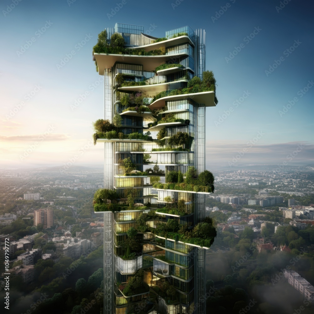 Futuristic vertical garden skyscraper, stacked green terraces, hanging ...