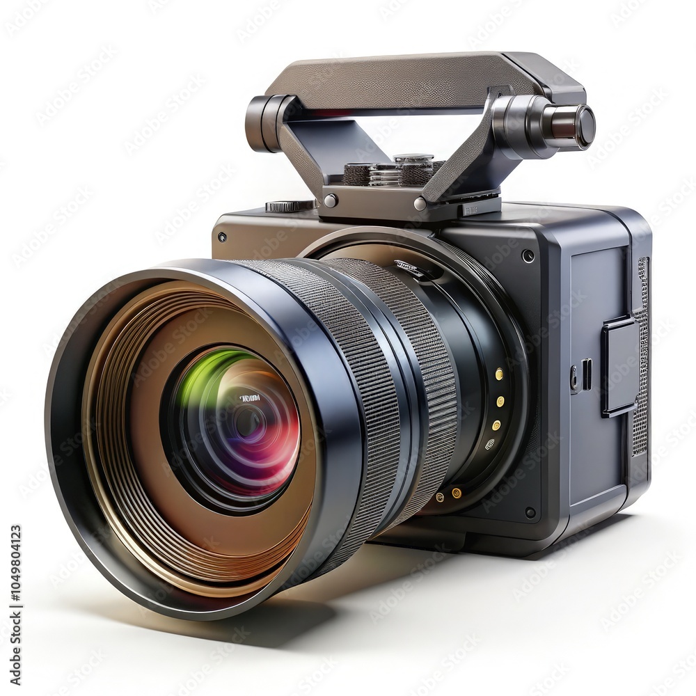 High-resolution camera with interchangeable lens on a white background ...