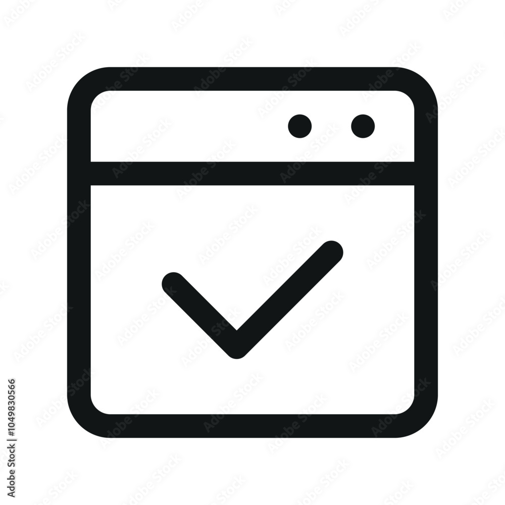 Browser app check UI icon, app window with check mark simple line user interface vector symbol ...