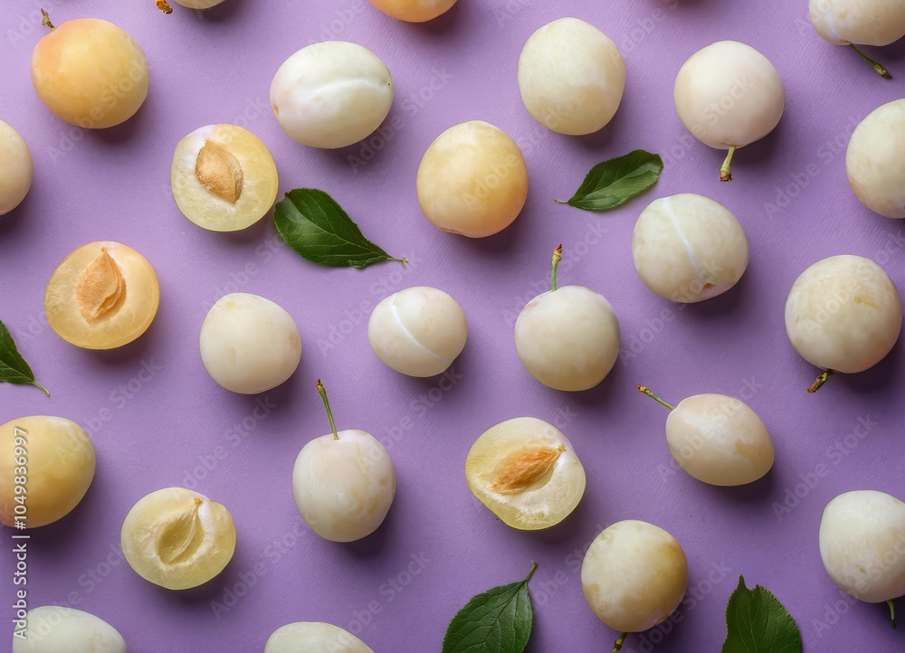 Fresh organic white plums on a purple background with leaves in an ...
