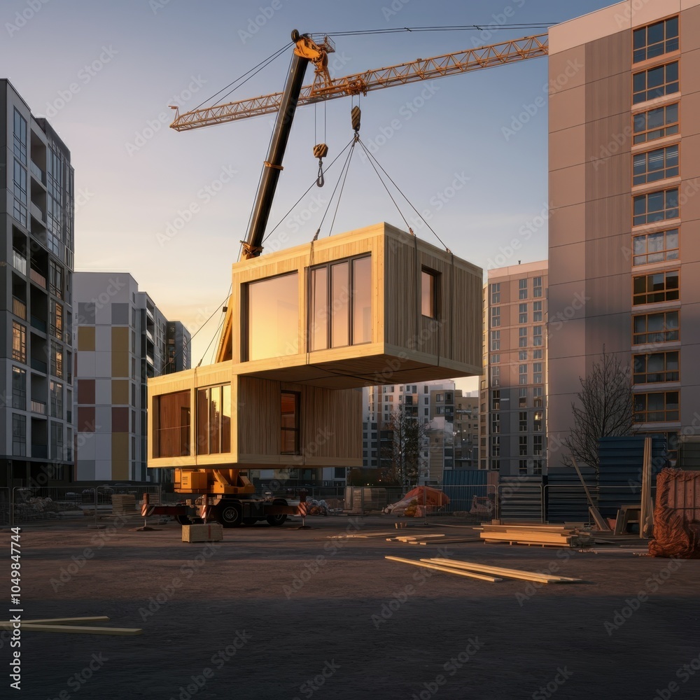 Construction site at sunset, modular building unit being lifted by ...