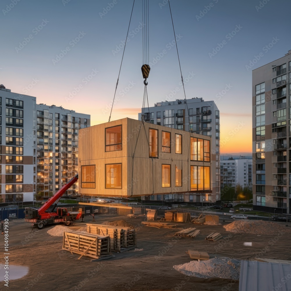Construction site at sunset, modular building unit being lifted by ...