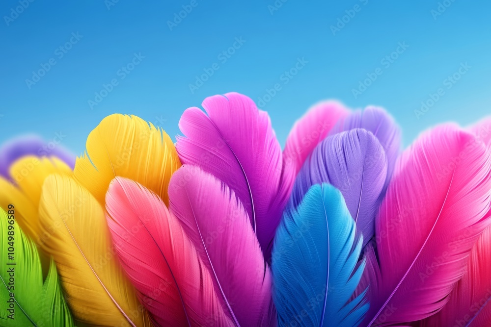 Row of colorful feathers with a blue background. feathers are in ...