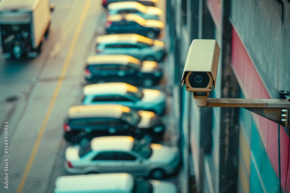 High-resolution CCTV security camera monitoring parked cars and a ...