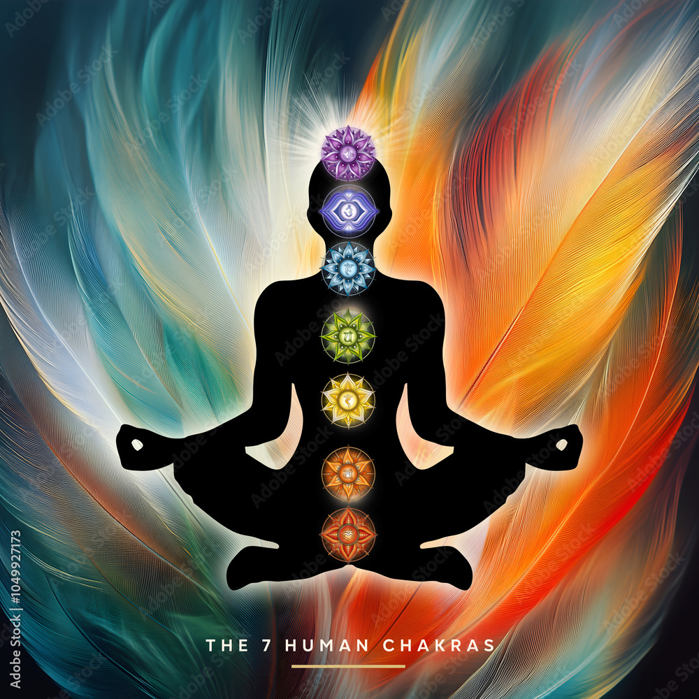 Human silhouette in yoga, lotus pose with 7 Chakras Symbols. Human ...