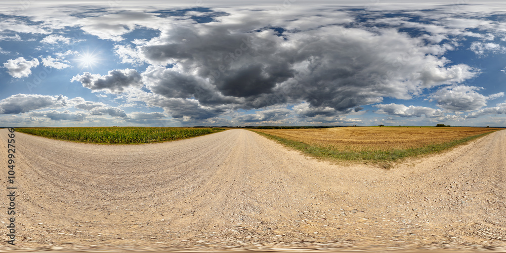 360 hdri panorama on roadside of gravel road with rain clouds in ...