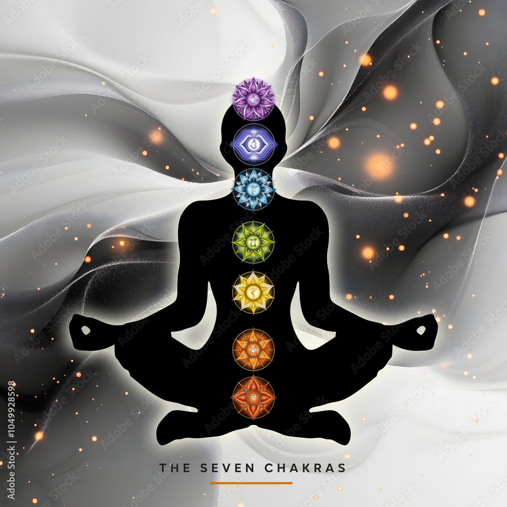 Human silhouette in yoga, lotus pose with 7 Chakras Symbols. Human ...