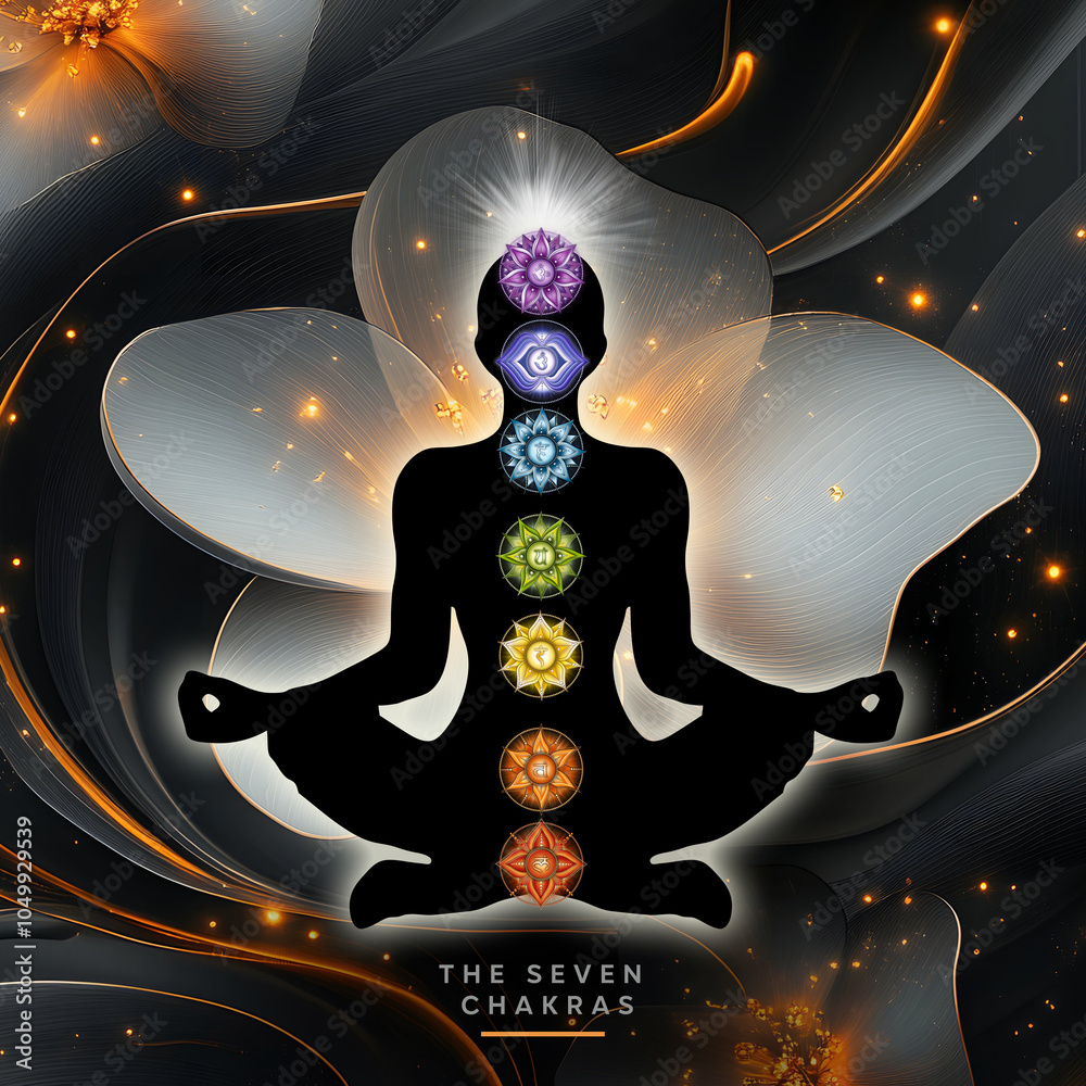 Human silhouette in yoga, lotus pose with 7 Chakras Symbols. Human ...
